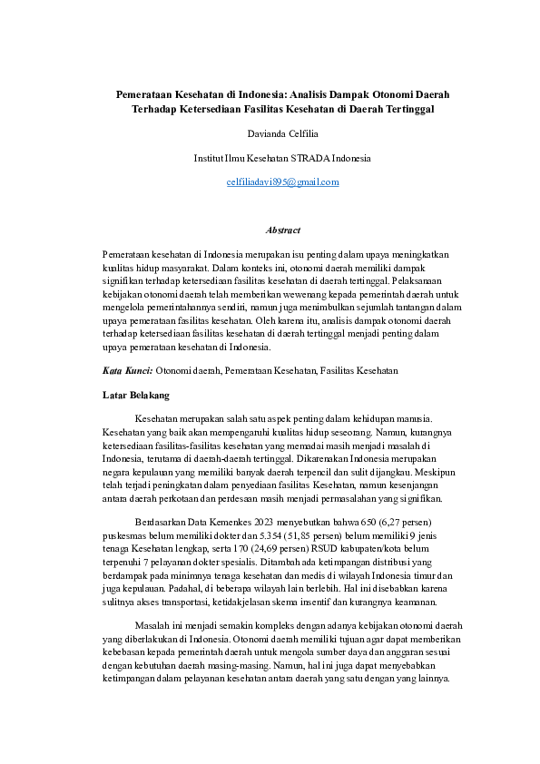 (PDF) Pemerataan Kesehatan di Indonesia: Analisis Dampak Otonomi Daerah Terhadap Ketersediaan ...