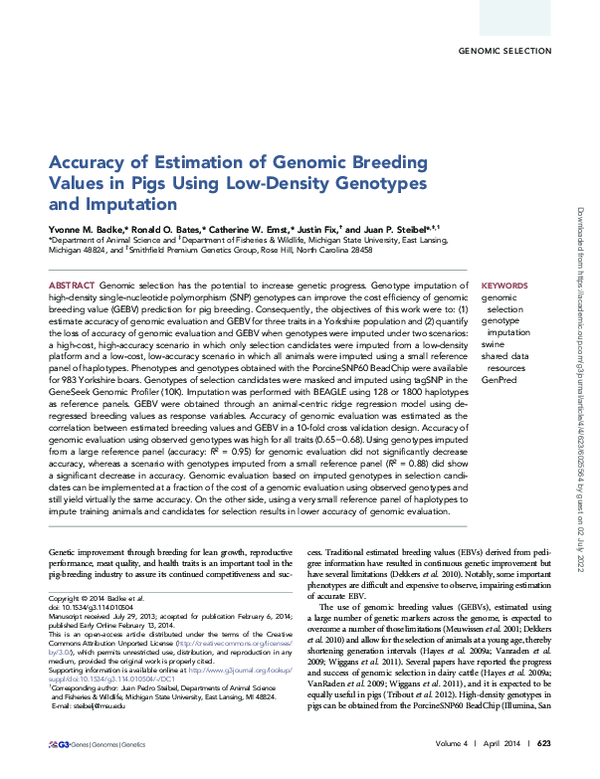 (PDF) Accuracy of estimation of genomic breeding values in pigs using low-density genotypes and ...