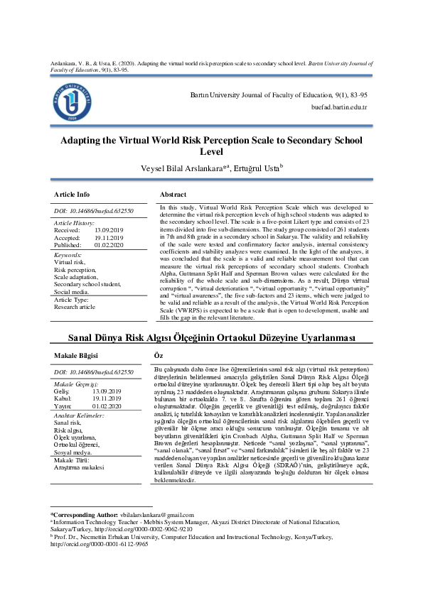 (PDF) Adapting the Virtual World Risk Perception Scale to Secondary ...