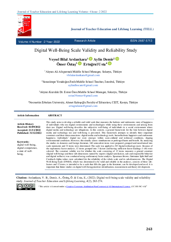(PDF) Digital Well-Being Scale Validity and Reliability Study