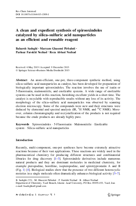(PDF) A clean and expedient synthesis of spirooxindoles catalyzed by silica–sulfuric acid ...
