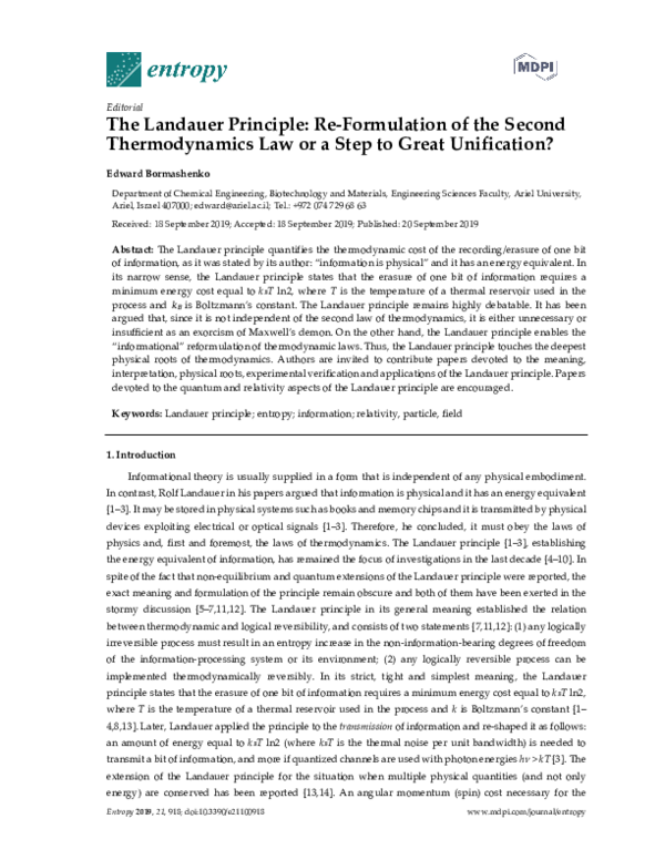 (PDF) The Landauer Principle: Re-Formulation of the Second Thermodynamics Law or a Step to Great ...