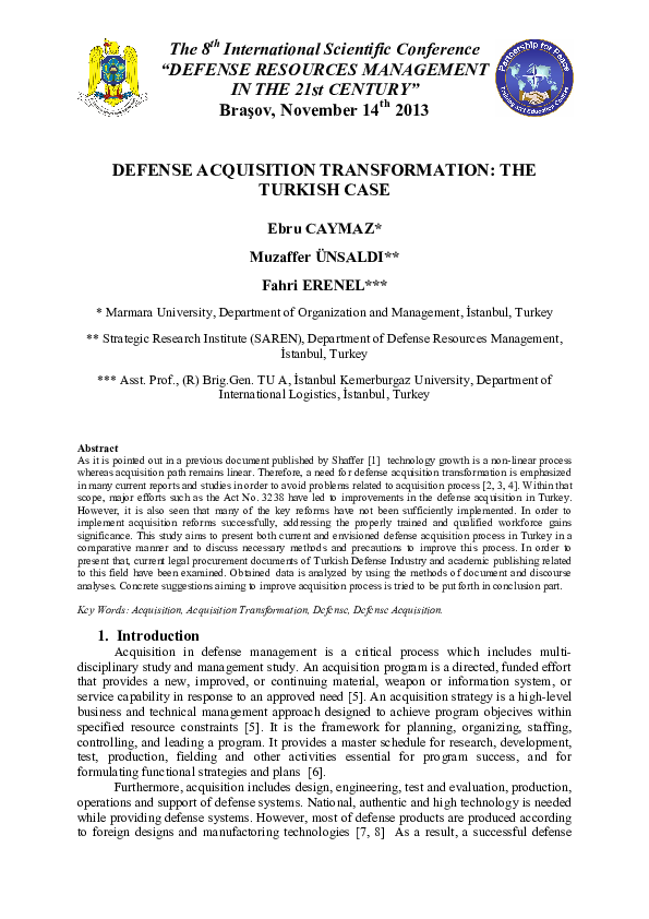 (PDF) Defense Acquisition Transformation: The Turkish Case