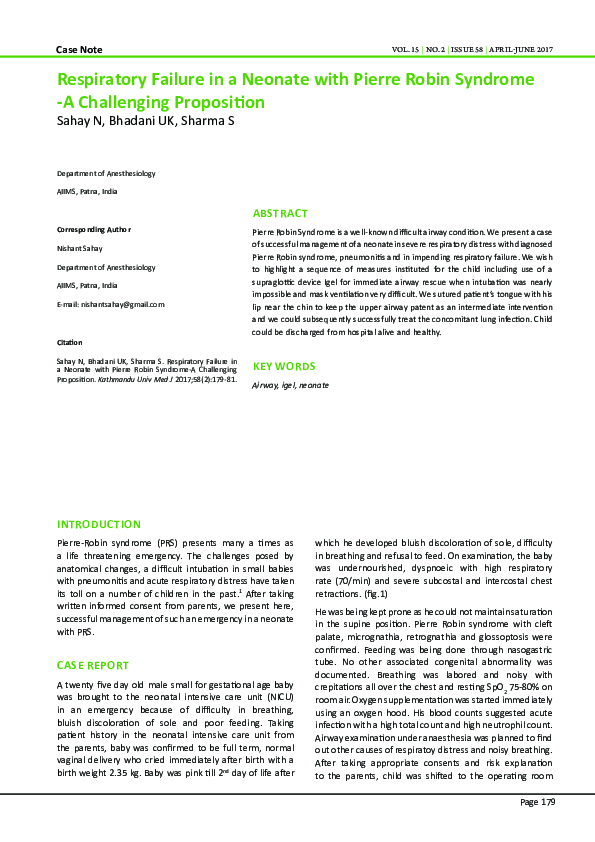 (PDF) Respiratory Failure in a Neonate with Pierre Robin Syndrome -A ...
