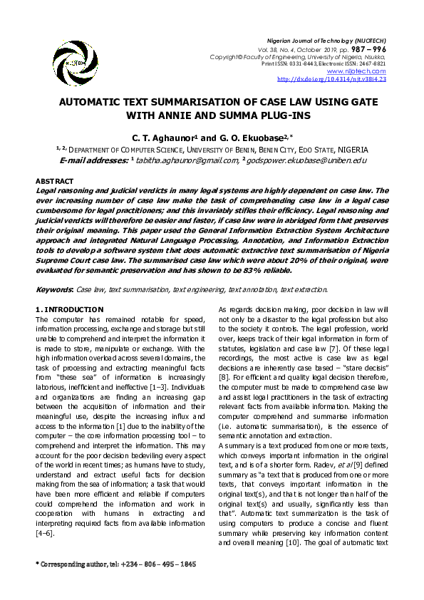 Pdf Automatic Text Summarisation Of Case Law Using Gate With Annie