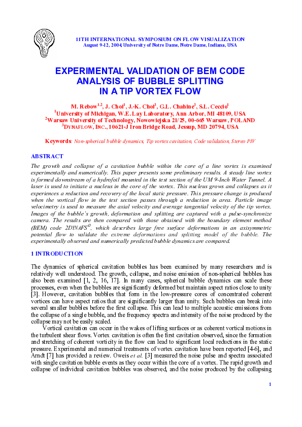 (PDF) Experimental Validation of Bem Code Analysis of Bubble Splitting in a Tip Vortex Flow