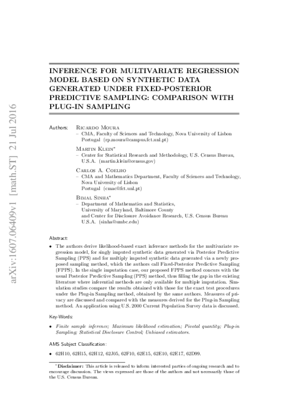 (PDF) Inference for Multivariate Regression Model based on synthetic ...