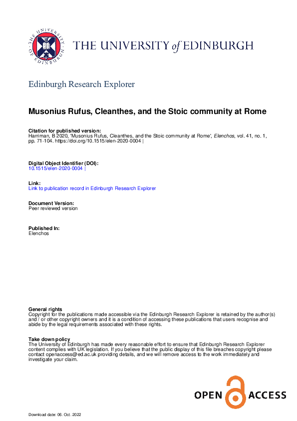 (PDF) Musonius Rufus, Cleanthes, and the Stoic Community at Rome