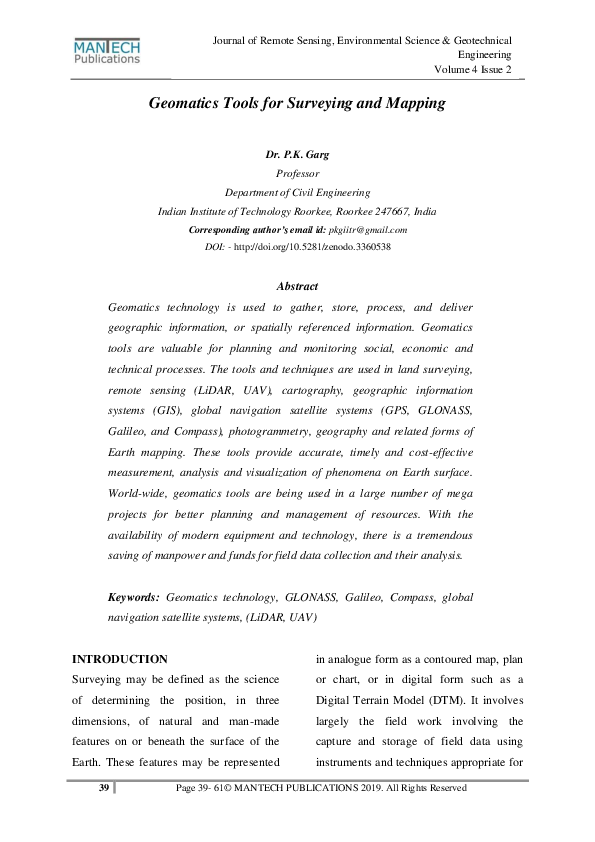 (PDF) Geomatics Tools for Surveying and Mapping