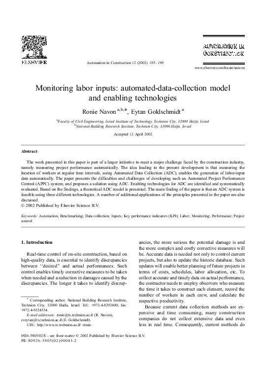 Pdf Monitoring Labor Inputs Automated Data Collection Model And Enabling Technologies