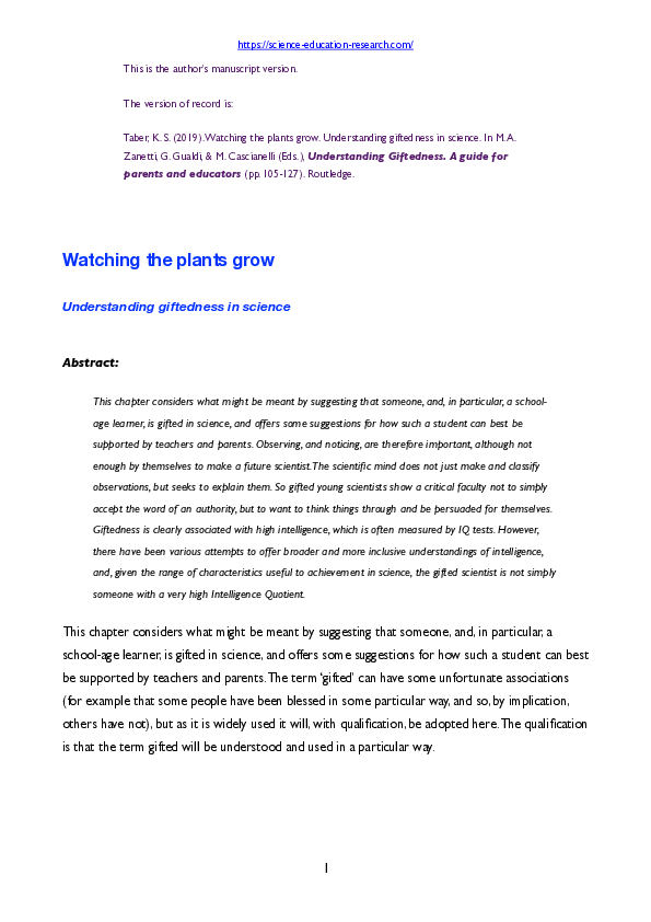 (PDF) Watching the plants grow. Understanding giftedness in science