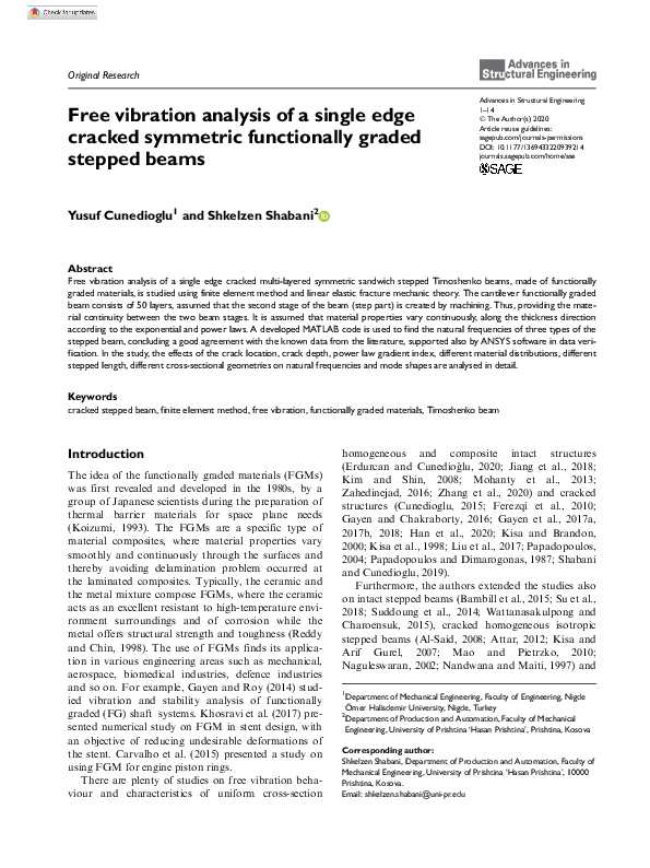 Pdf Free Vibration Analysis Of A Single Edge Cracked Symmetric Functionally Graded Stepped Beams