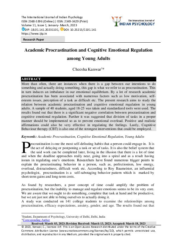 (PDF) Academic Procrastination and Cognitive Emotional Regulation among Young Adults | Cheesha ...