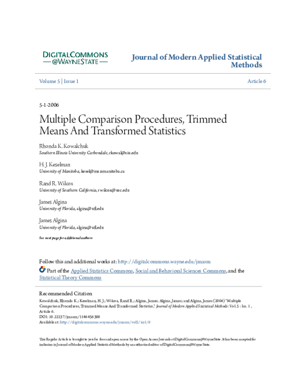 (PDF) Multiple Comparison Procedures, Trimmed Means And Transformed Statistics
