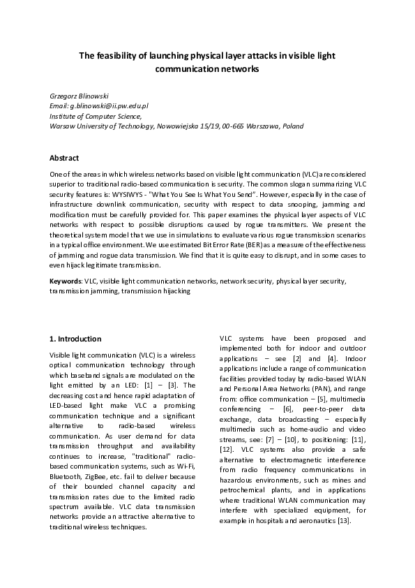 (PDF) The feasibility of launching physical layer attacks in visible light communication ...