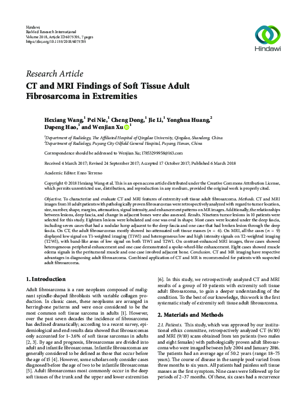 (PDF) CT and MRI Findings of Soft Tissue Adult Fibrosarcoma in Extremities
