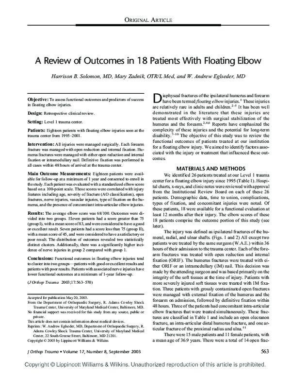 (PDF) A Review of Outcomes in 18 Patients With Floating Elbow