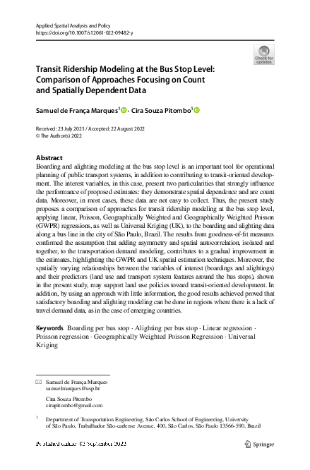 (PDF) Transit Ridership Modeling at the Bus Stop Level: Comparison of Approaches Focusing on ...