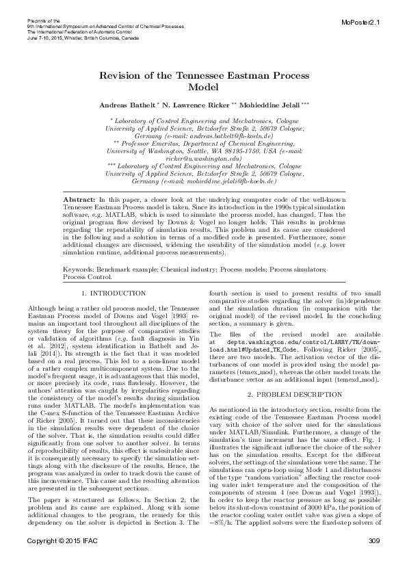 (PDF) Revision of the Tennessee Eastman Process Model