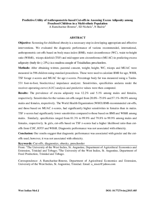 (PDF) Predictive Utility of Anthropometric Based Cut-offs in Assessing ...