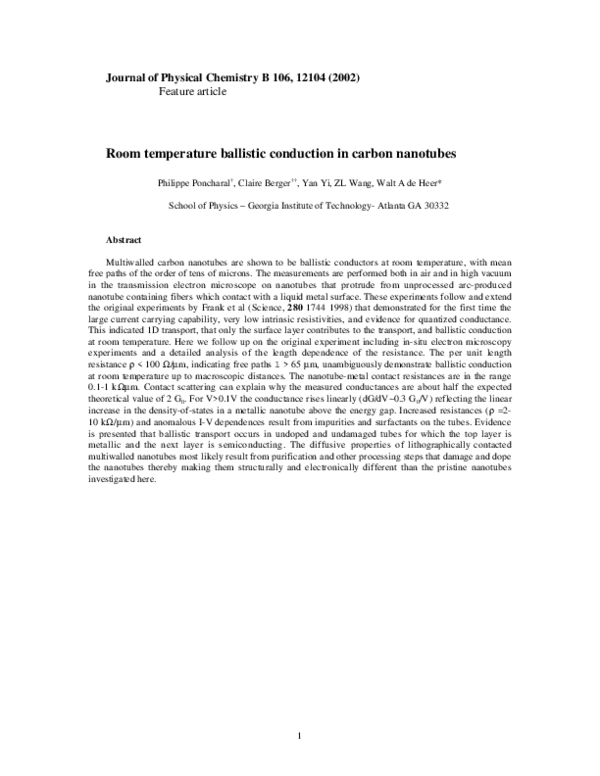 (PDF) Room Temperature Ballistic Conduction in Carbon Nanotubes
