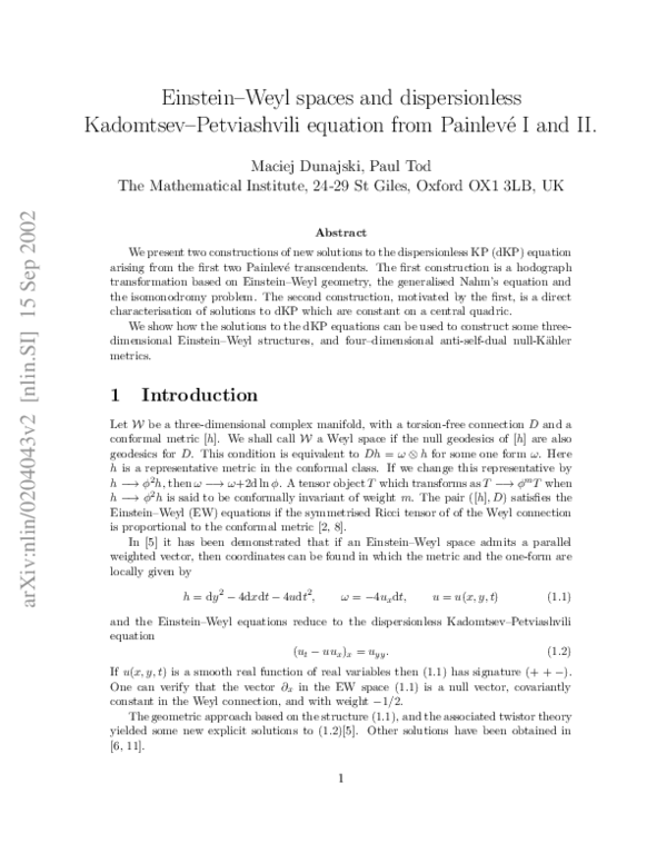 (PDF) Einstein–Weyl spaces and dispersionless Kadomtsev–Petviashvili ...