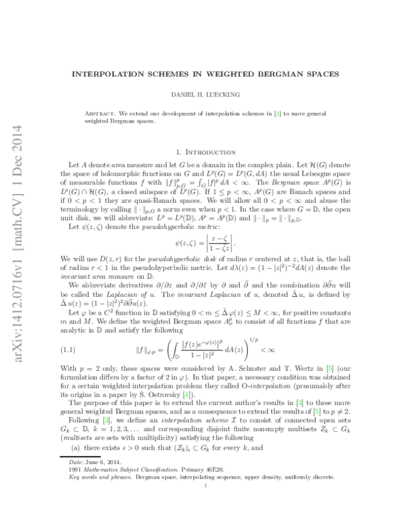 (PDF) Interpolation schemes in weighted Bergman spaces