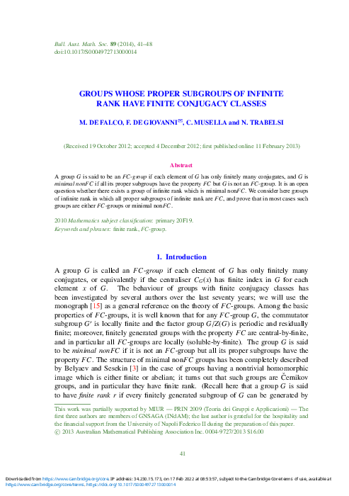 (PDF) Groups Whose Proper Subgroups of Infinite Rank Have Finite Conjugacy Classes