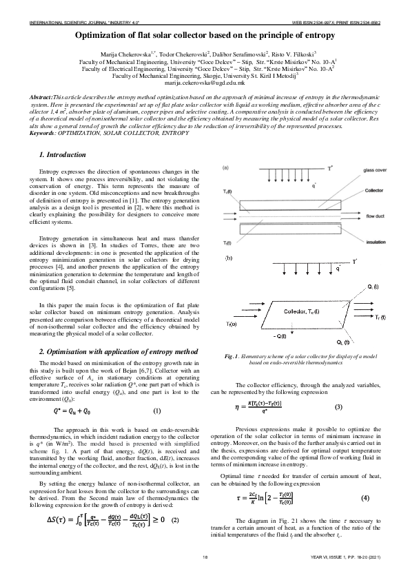 (PDF) Optimization of flat solar collector based on the principle of entropy