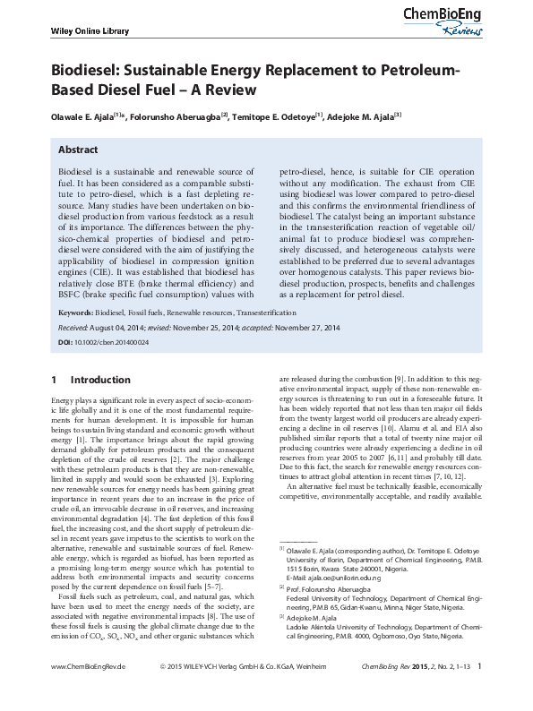 (PDF) Biodiesel: Sustainable Energy Replacement to Petroleum-Based Diesel Fuel - A Review