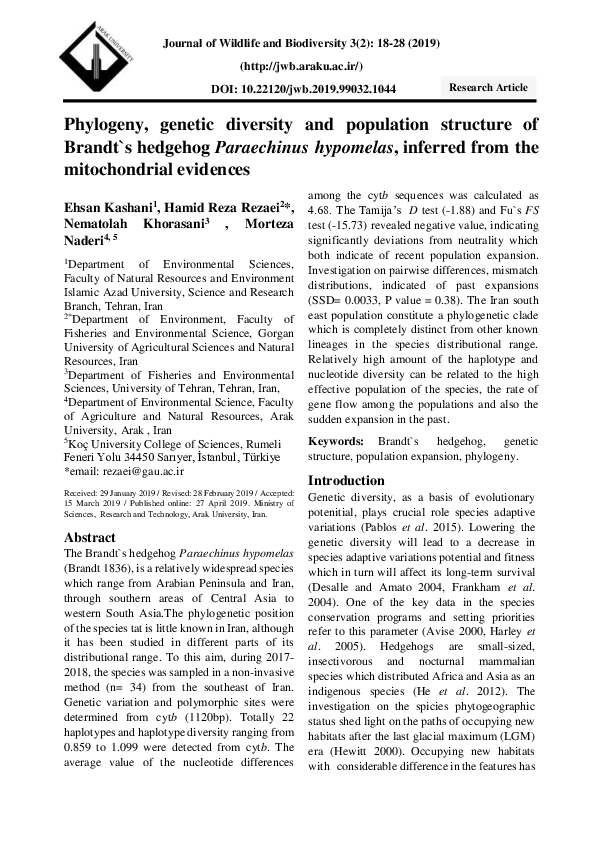 (PDF) Phylogeny, genetic diversity and population structure of Brandt`s hedgehog Paraechinus ...