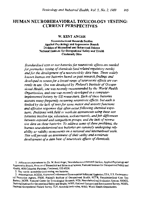 (PDF) Human Neurobehavioral Toxicology Testing: Current Perspectives
