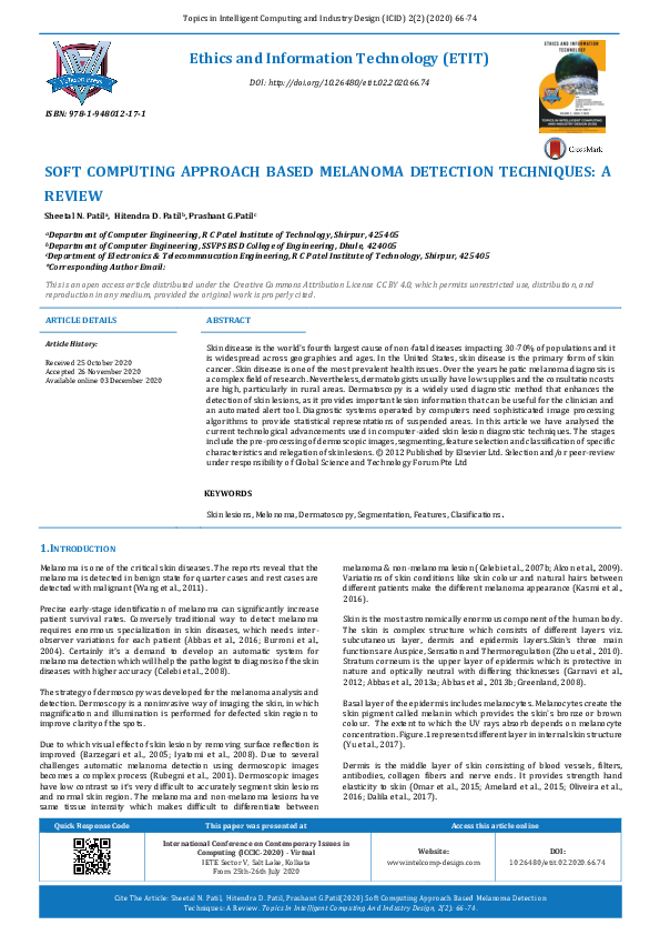 Soft Computing Approach Based Melanoma Detection Techniques A Review 8888