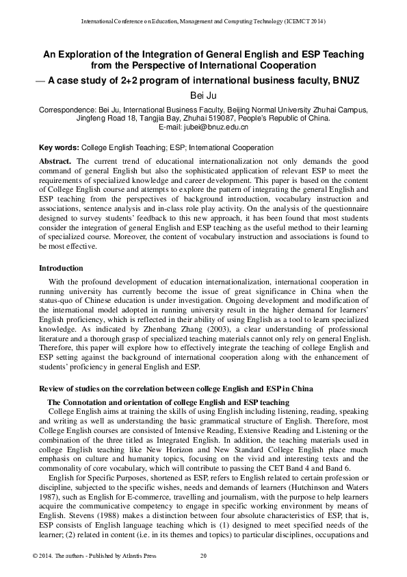 (PDF) An Exploration of the Integration of General English and ESP Teaching from the Perspective ...