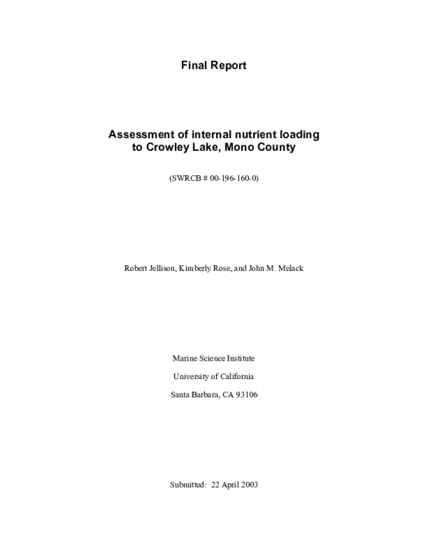 (PDF) Assessment of internal nutrient loading to Crowley Lake, Mono ...
