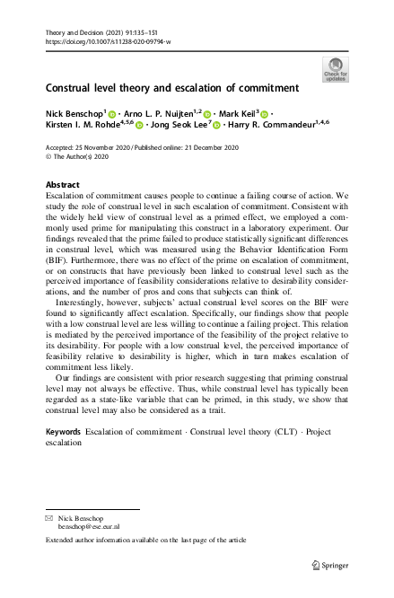 (PDF) Construal level theory and escalation of commitment