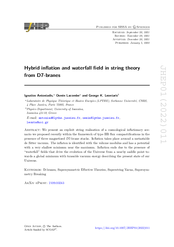 (PDF) Hybrid inflation and waterfall field in string theory from D7-branes