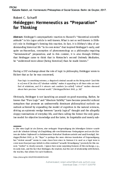 (PDF) Heidegger: Hermeneutics as “Preparation” for Thinking