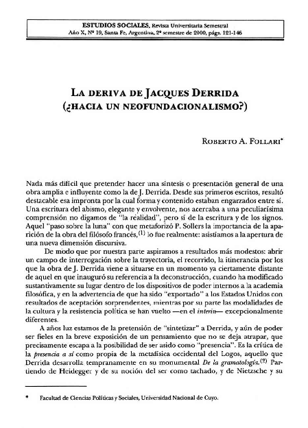 (PDF) La Deriva de Jacques Derrida (¿Hacia un Neofundacionalismo?) | Roberto Agustín Follari ...