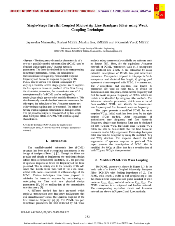 (PDF) Single-stage parallel coupled microstrip line bandpass filter ...