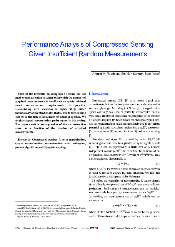 (PDF) Performance Analysis of Compressed Sensing Given Insufficient Random Measurements ...