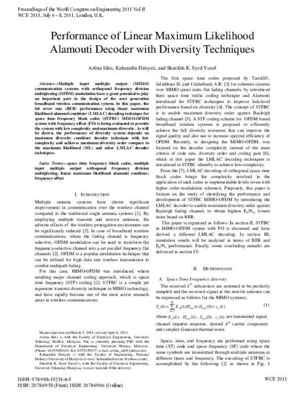 (PDF) Performance of linear maximum likelihood alamouti decoder with diversity techniques
