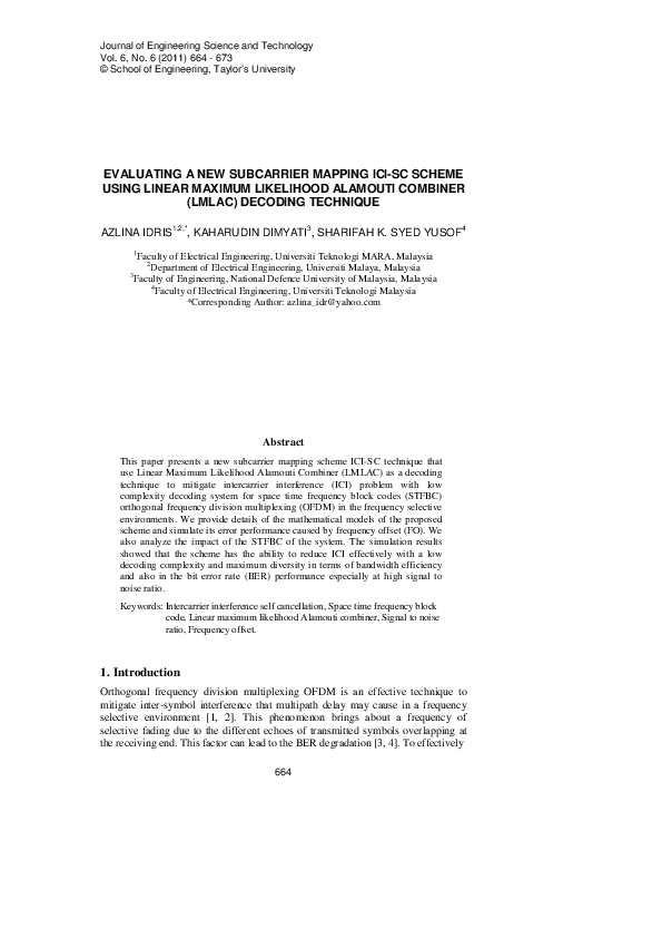 Pdf Evaluating A New Subcarrier Mapping Ici Sc Scheme Using Linear Maximum Likelihood Alamouti