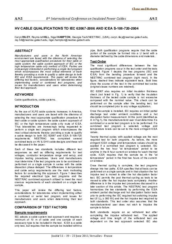 (PDF) HV Cable Qualifications to Iec 62067-2006 and Icea S-108-720-2004