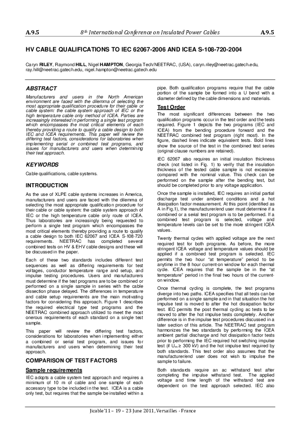 (PDF) HV Cable Qualifications to Iec 62067-2006 and Icea S-108-720-2004