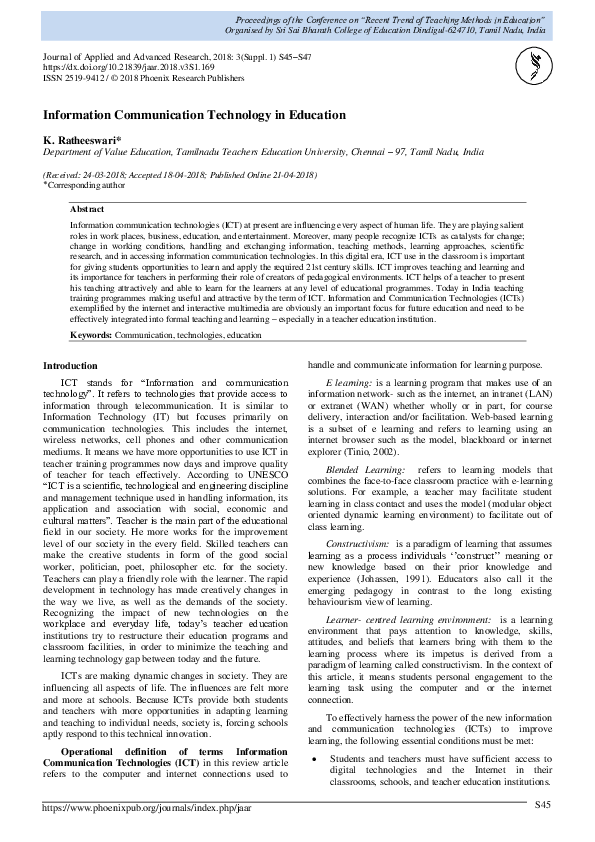 (PDF) Information Communication Technology in Education