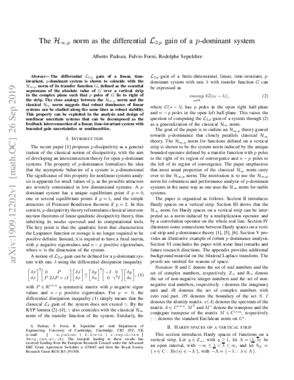 (PDF) The $\mathcal{H}_{\infty,p}$ norm as the differential $\mathcal{L}_{2,p}$ gain of a $p ...