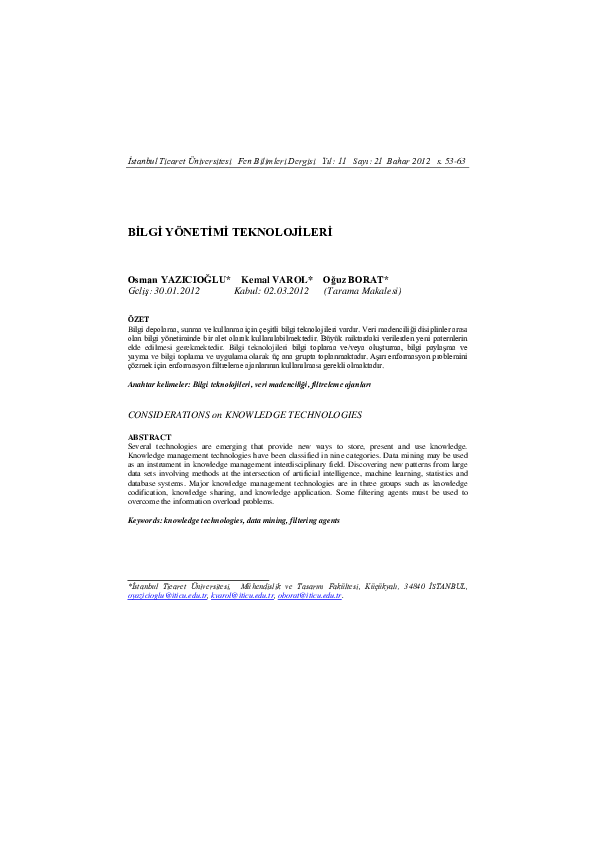 (PDF) Bilgi Yönetimi Teknolojileri