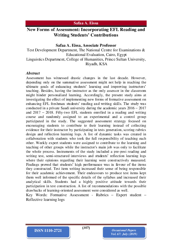 (PDF) New Forms of Assessment: Incorporating EFL Reading and Writing Students’ Contributions ...