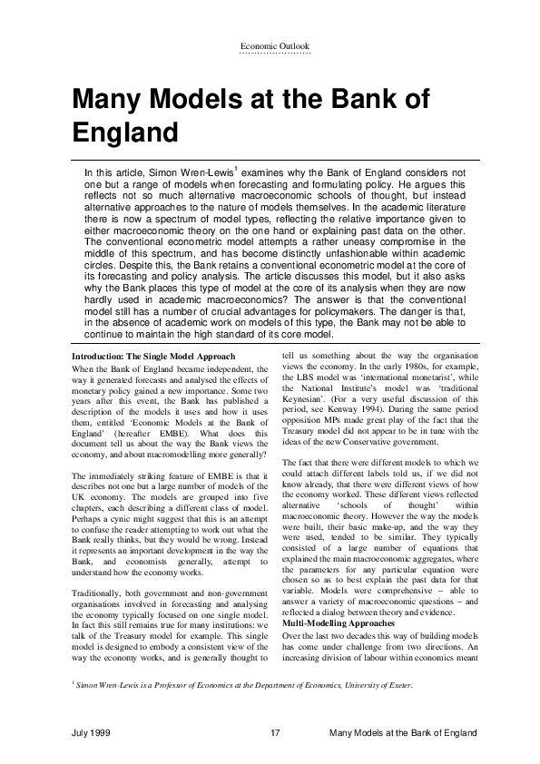 (PDF) Many Models at the Bank of England | Simon Wren-Lewis - Academia.edu